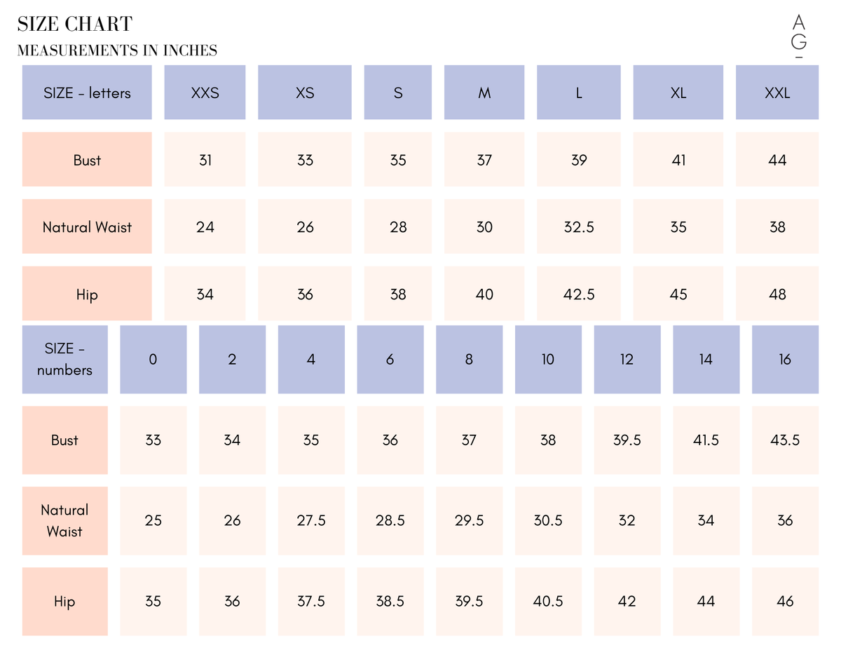 Size Chart | Abbey Glass Luxury Women's Fashion Fit Guide
