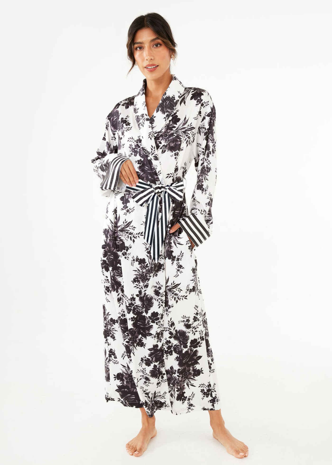 Bridget Robe Black and White Rose Chintz Satin