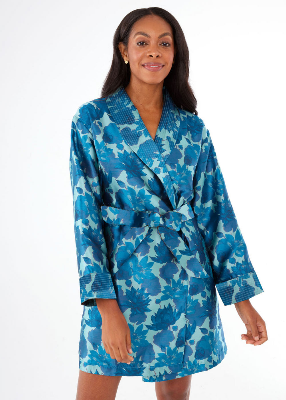 Bridget Robe Short Blue Floral Silhouette Jacquard